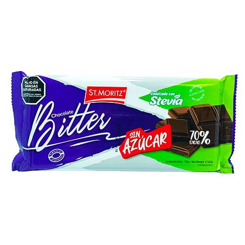 CHOCOLATE BITTER S/AZUCAR CON STEVIA 70% CACAO ST MORITZ - SEGOMARKET